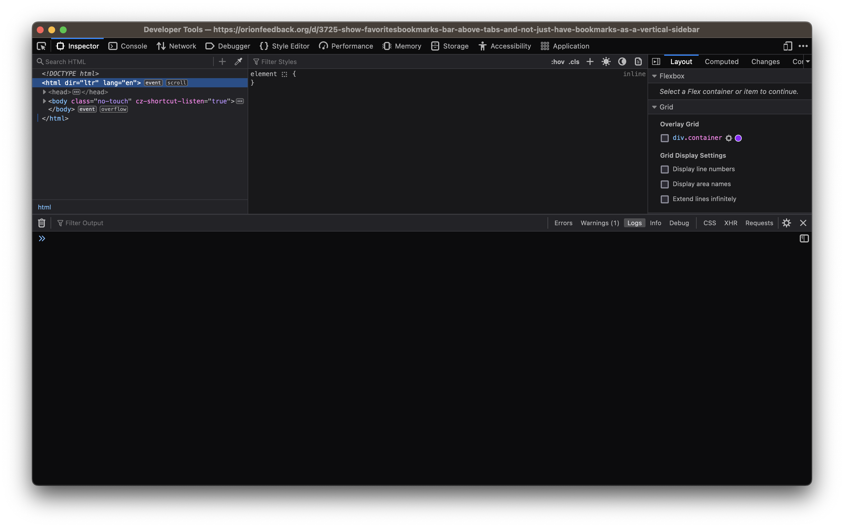 Developer Tools Split Console View - Orion Public Issue Tracker